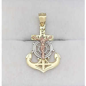 AMZ Jewelry 10K Tri Tone Gold Mariners Anchor Charm Cross Pendant