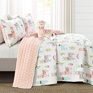 Lush Decor Southwest Llama Cactus Quilt, 3 Piece Set, Twin, White & Blush - Cute Kids Reversible Print Toddler Bedding Set