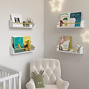 WOPITUES Floating Shelves with Protective Metal Rail, Small Bathroom Shelves Set of 4, Spice Rack Wall Mount, Wood Shelves for Kitchen, Living Room, Bedroom, Nursery Book- Modern White and Gold