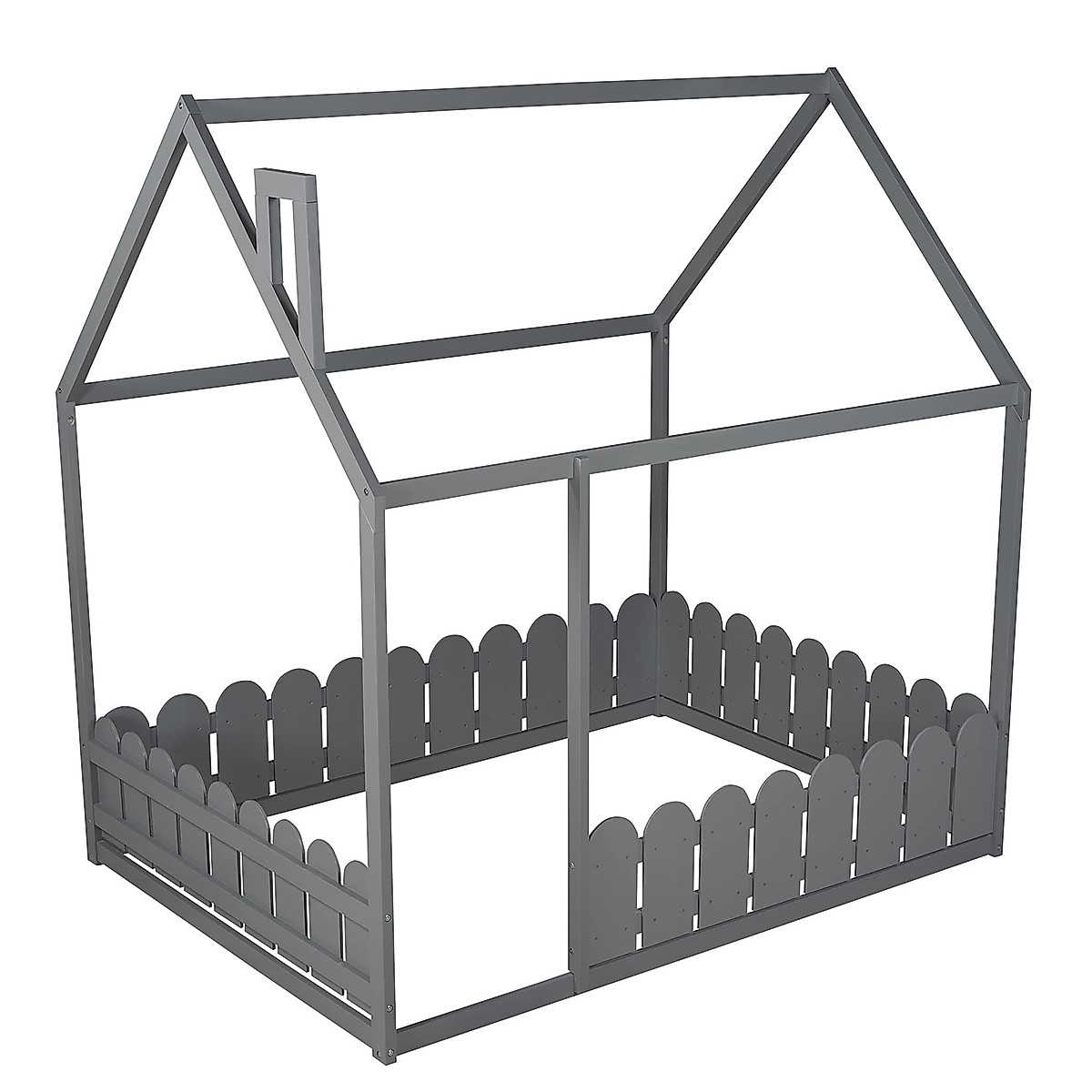 Kids House Beds, Full Floor Bed with Fence Wood Cabin Bed Frame Can be Decorated for Teens, Girls, Boys, Adults, Gray