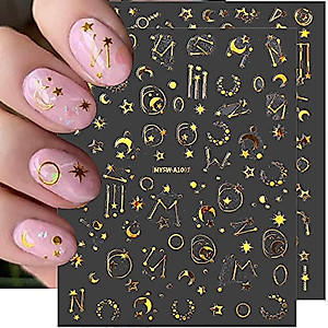 3D Moon Star Nail Stickers,Holographic Nail Decals,Stars Moon Sun Planets Design Laser Gold Nail Art Stickers Self Adhesive Sticker Nail Art Decorations Women DIY Nail Accessories,6 Sheets/Set
