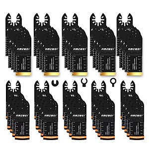 AMZWEI 50PCS Multi Tool Blade Kits, Professional Titanium Oscillating Tool Blades for Metal, Wood, Plastic, Curved Edge Oscillating Saw Blades Compatible with Dewalt Milwaukee Ryobi Rockwell Fein