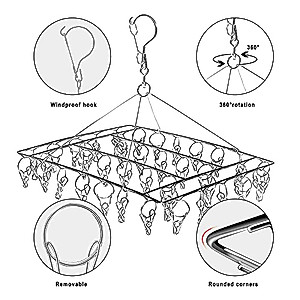 Onlup Rotating Sock Drying Rack, 40 Clips Underwear Bra Drying Rack, 4mm Thick Stainless Steel Laundry Hanger