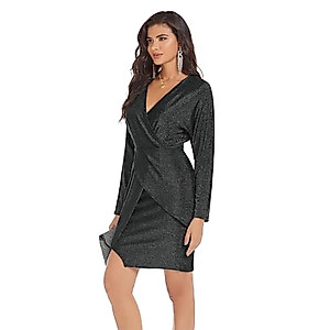 Long Sleeve V Neck Sparkle Wrap Dress Ruched Cocktail Party Dresses Bodycon Midi Sexy Club Dress Black S
