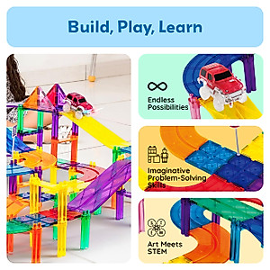 PicassoTiles 80 Piece Race Car Track Building Block Educational Toy Set Magnetic Tiles Magnet DIY Playset 2 Light Up Car STEM Learning Construction Kit Hand-Eye Coordination Fine Motor Skill Training