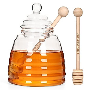 HAPPi STUDIO 13.5 Oz Honey Pot with Dipper - Extra Honey Dipper Stick - Glass Honey Jar and Dipper Set - Honey Jars with Dipper - Honey Containers with Dipper - Honey Dispenser - Honey Holder