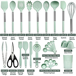 NCUE Cooking Utensils Set, 28 Pcs Silicone Kitchen Utensils Set with Holder, Silicone Whisk, Spatulas, Scissors, Measuring Cups and Spoons Set with Stainless Steel Handle Kitchen Gadgets (Light Green)