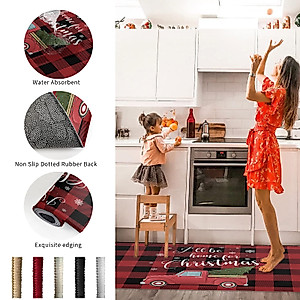 LooPoP Kitchen Rugs and Mats Sets of 2 Christmas Non-Slip Rubber Backing Area Rugs Washable Runner Carpets for Floor, Kitchen Truck Tree Snowflake Red Blank Lattice 15.7x23.6+15.7x47.2inch