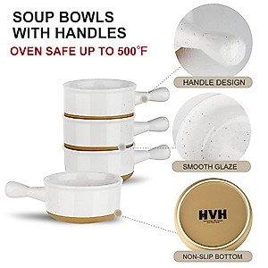 HVH French Onion Soup Bowls With Handles Microwave Safe, Ceramic Soup Bowl Set of 4, 15 Oz Soup Crocks for Oatmeal, Stew, Chili, Dessert, Farmhouse Style (White)