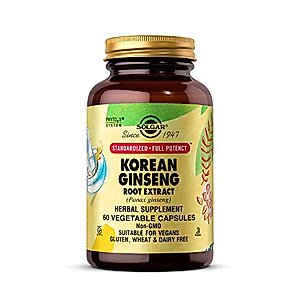 Solgar Korean Ginseng Root Extract, 60 Vegetable Capsules - Immune Support - Standardized, Full Potency (SFP) - Non-GMO, Vegan, Gluten Free, Dairy Free, Kosher - 60 Servings