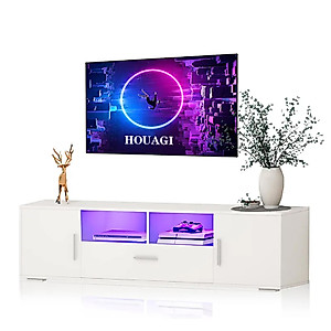HOUAGI LED TV Stand for TVs up to 70 Inches, Modern Entertainment Center with Storage Drawers,TV Stands for Living Room Bedroom, White