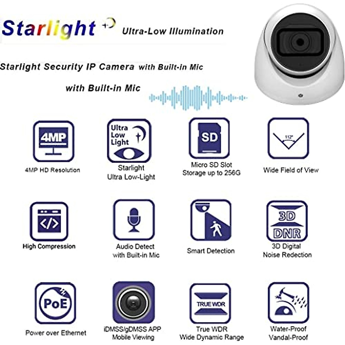 Starlight 4MP IP Camera PoE 2.8mm, Outdoor Turret Security Camera with Built-in Mic, Human/Vehicle Detection,IR 164fts Night Vision, IP67 Weatherproof, CCTV Surveillance System,SD Card Slot（256GB）