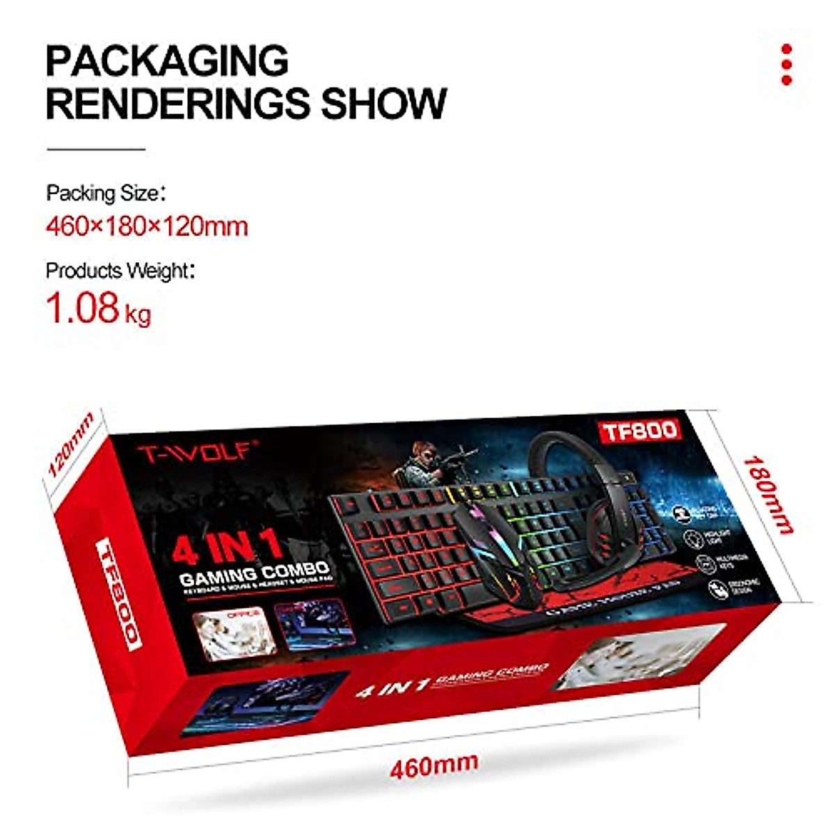 T-Wolf Gaming Combo TF800 Keyboard/Mouse/Headphone/Mouse Pad Wired LED RGB Backlight Bundle for PC Gamers Users - 4 in 1, Black