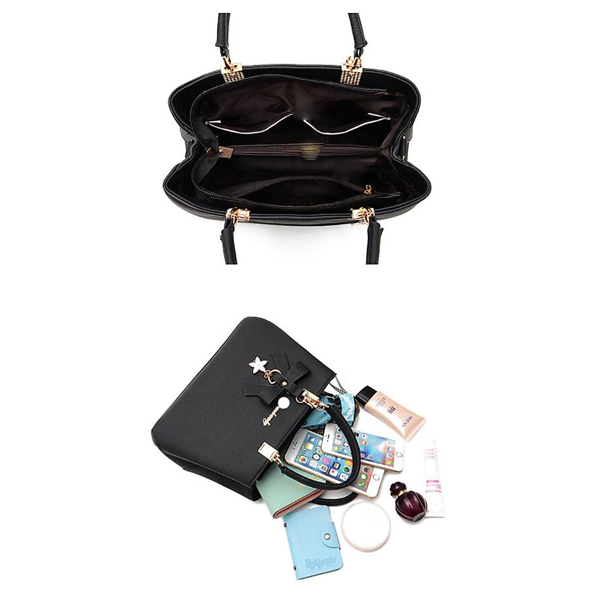 SMALLBLUER Top-handle Handbags Purse for Women Small Satchel PU Leather Shoulder Crossbody Bag with Bowtie Pendant-Black