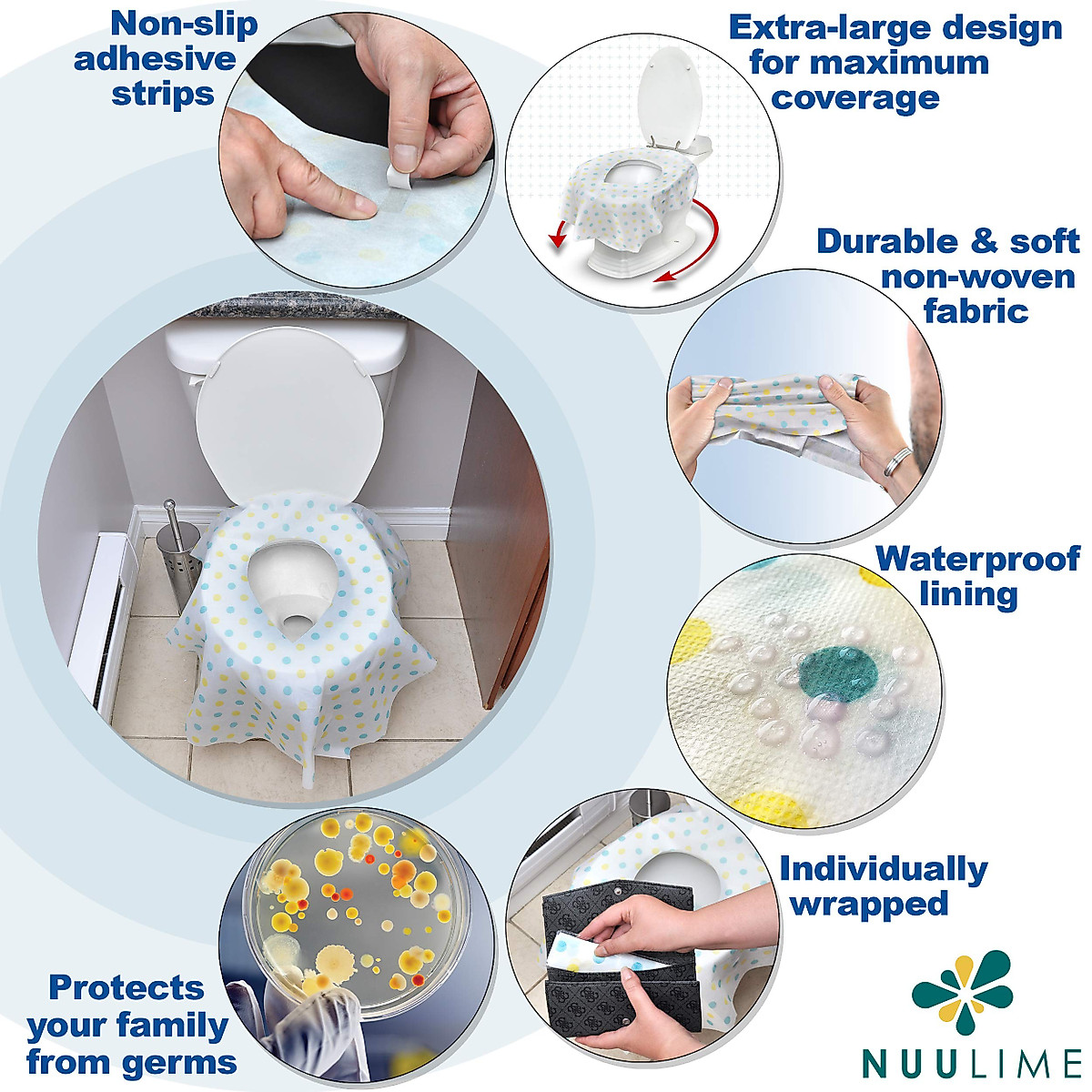 Toilet Seat Covers Disposable - 30 Pack - Extra Large Portable Liners for Bathroom, Road Trip, Child Travel, Toddler Potty Training, Adults On the Go - Individually Wrapped, Waterproof, Soft Clean Pad