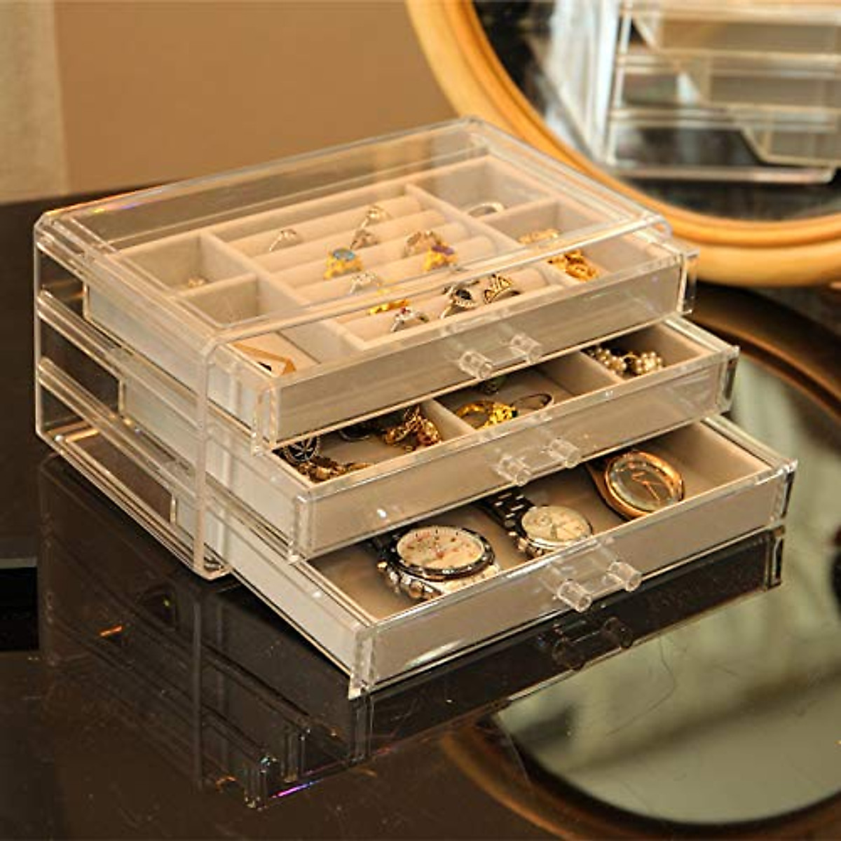 Acrylic Jewelry Boxes For Women With 3 Drawers Stackable Velvet Jewelry Organizer Holder for Earring Bangle Bracelet Necklace Ring Display Case Gift for Girls