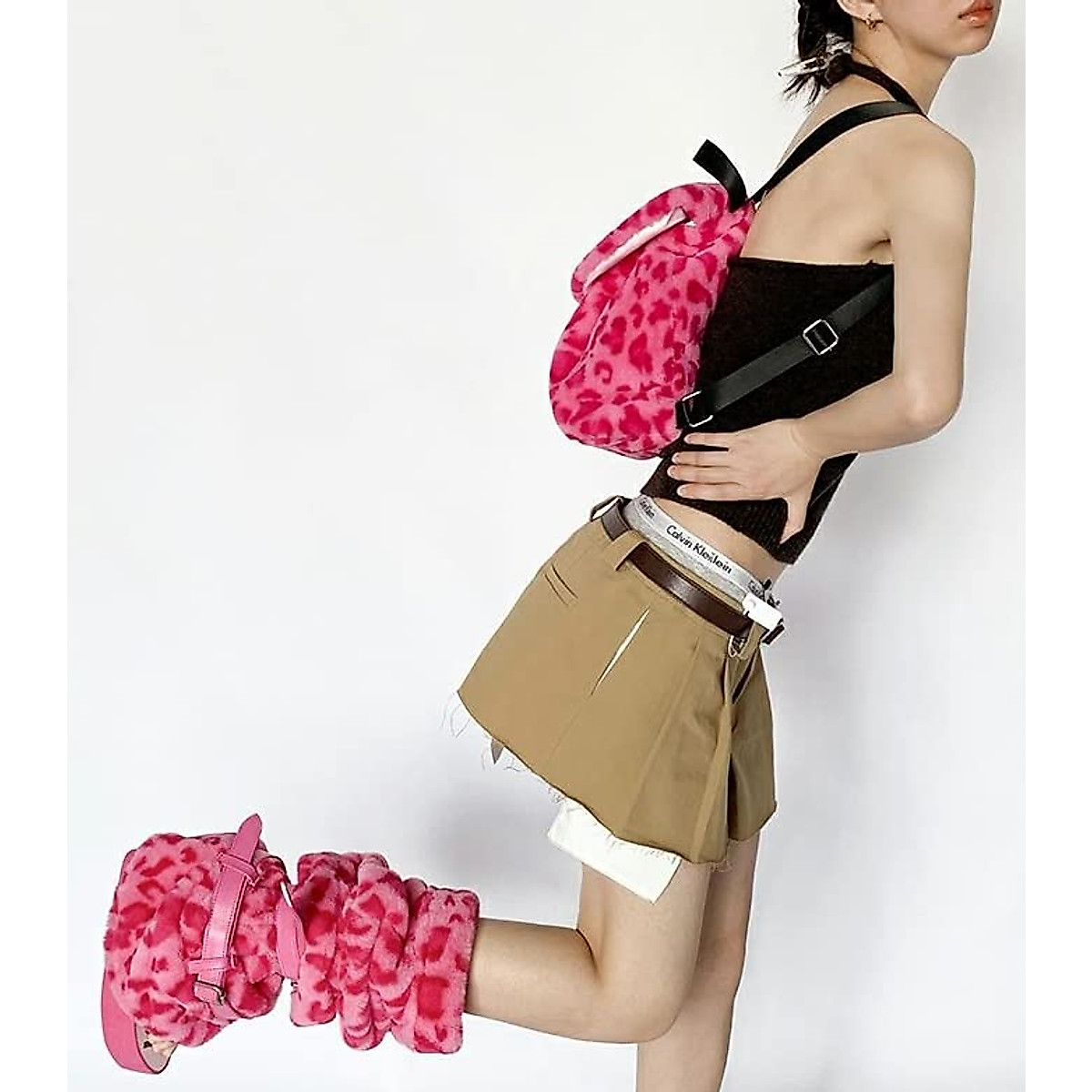 Kawaii Fluffy Purse Backpack Plush Backpack Furry Bag Fuzzy School Bag Teen Girls Faux Fur Aesthetic Backpack Leopard Bag (Leopard Pink)