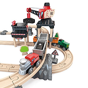 Hape Crane and Cargo Train Set | Wooden Railway Toy Set with Magnetic Crane, Button Operated Loader and Adjustable Rail Signal