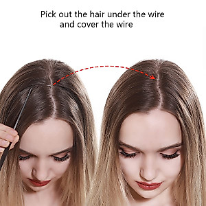 SARLA Invisible Wire Hair Extensions with 3 Clips Long Synthetic Wavy Curly Hairpiece Adjustable Transparent Headband for Women 18 Inch Ash Medium Brown/Ash Blonde Highlights