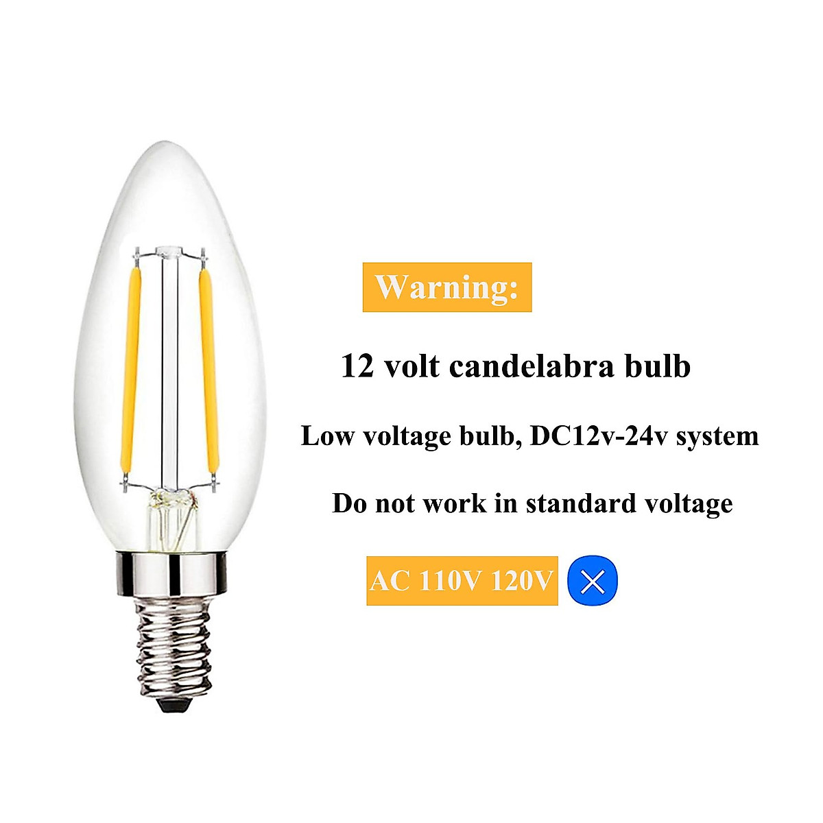 Beonllay 12 Volt LED Candelabra Bulbs E12 Base Light Bulb 25 Watt Warm White 2700K, 12-24 Volt Low Voltage Candelabra Bulbs LED 2W for 12 Volt System, 6 Pack