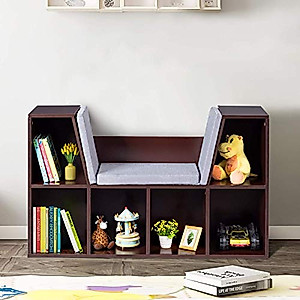 Costzon 6-Cubby Kids Bookcase with Cushioned Reading Nook, Multi-Purpose Wooden Toy Storage and Organizer Cabinet Corner Book Shelf for Kids Room Bedroom (Espresso)