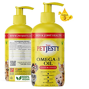 PetJesty Pure Omega 3 Oil for Dogs & Cats 26.39oz - Omega 3 Skin & Coat Support- Liquid Food Supplement for Pets - Vegan pet + DHA for Joint Function, Immune & Heart Health, Non Fish Oil Dog and Cat