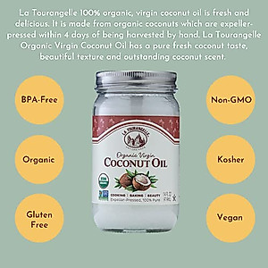 La Tourangelle, Organic Virgin Unrefined Coconut Oil, Great for Cooking, Baking, Hair, and Skin Care, Bold, Aromatic, and Flavorful, Source of MCTs, 14 fl oz (Packaging May Vary)