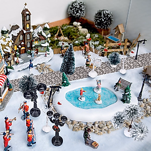 15 Pcs Christmas Figurine Village Accessories Miniature Pine Trees Snow Artificial Christmas Trees Cardinal Bare Branch Trees Streetlight Lamps Cobblestone Street Figurine for Xmas Winter (Elegant)