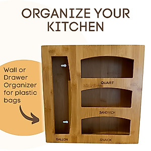 Ziplock Bag Organizer - Bamboo Sandwich/Storage Bag Organizer Kitchen Drawer or Wall, Food Storage Bag Organizer, Fits Four (4) Bag Sizes, Universally Compatible