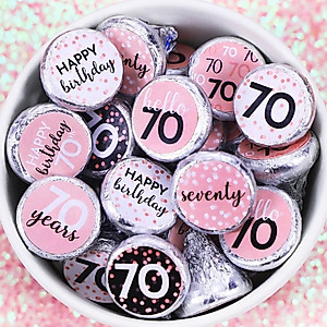Pink, Black, and White 70th Birthday Party Favor Stickers, Chocolate Kisses Candy Stickers - 180 Count - 70th Birthday Decorations