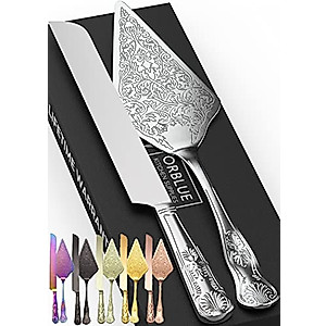 Orblue Wedding Cake Knife and Server Set - Premium, Beautifully Engraved Cutting Set - Elegant Keepsake for Newlyweds Silver