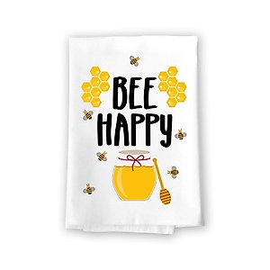 Honey Dew Gifts Funny Kitchen Towels, Bee Happy Flour Sack Towel, 27 inch by 27 inch, 100% Cotton, Highly Absorbent, Multi-Purpose Kitchen Dish Towel