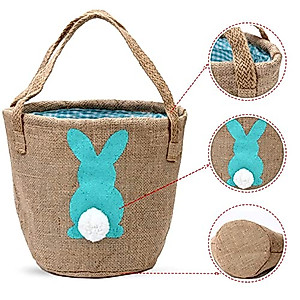 Easter Bunny Basket Burlap Buckets with Two Handles Egg Hunt Buckets with Fluffy Tail for Kids Easter Tote Bags for Storage Eggs Candies and Gifts(Yama Blue)