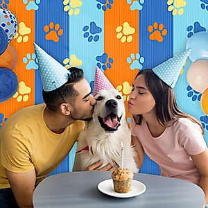 WovWeave 2 Packs Blue Dog Fringe Curtains 3.3 x 6.6 Ft Dog Paw Foil Fringe Backdrop Orange Blue and Light Blue Tinsel Streamers for Blue Dog Themed Baby Shower Birthday Party Supplies Decorations