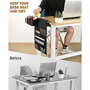 yamagahome Desk Cup Holder Clamp with Hanging Storage Bag, 2 in 1 Table Cup Holder Clip for Desk, Anti-Spill Tableside Cup Holder with Hanging Organizer for Home Office, College Dorm Rooms, RV