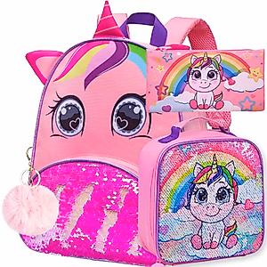 KLFVB 3PCS Toddler Backpack for Girls, 12” Cute Unicorn Preschool Bookbag and Lunch Box, Cute Kids Little Sequin Schoolbag
