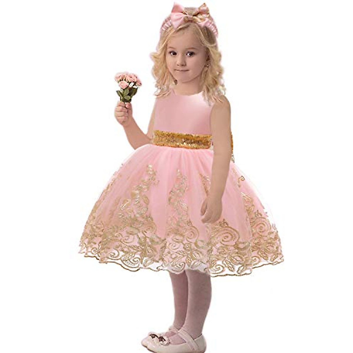 Flower Girl Dress 3-6 M Month Sleeveless Lace Embroidery Special Occasion Dress Ruffles Wedding Birthday Dresses Dressy Up Fancy Tulle Tutu Ball Gown for Infant Party Knee Sundress (8557Pink, 60)