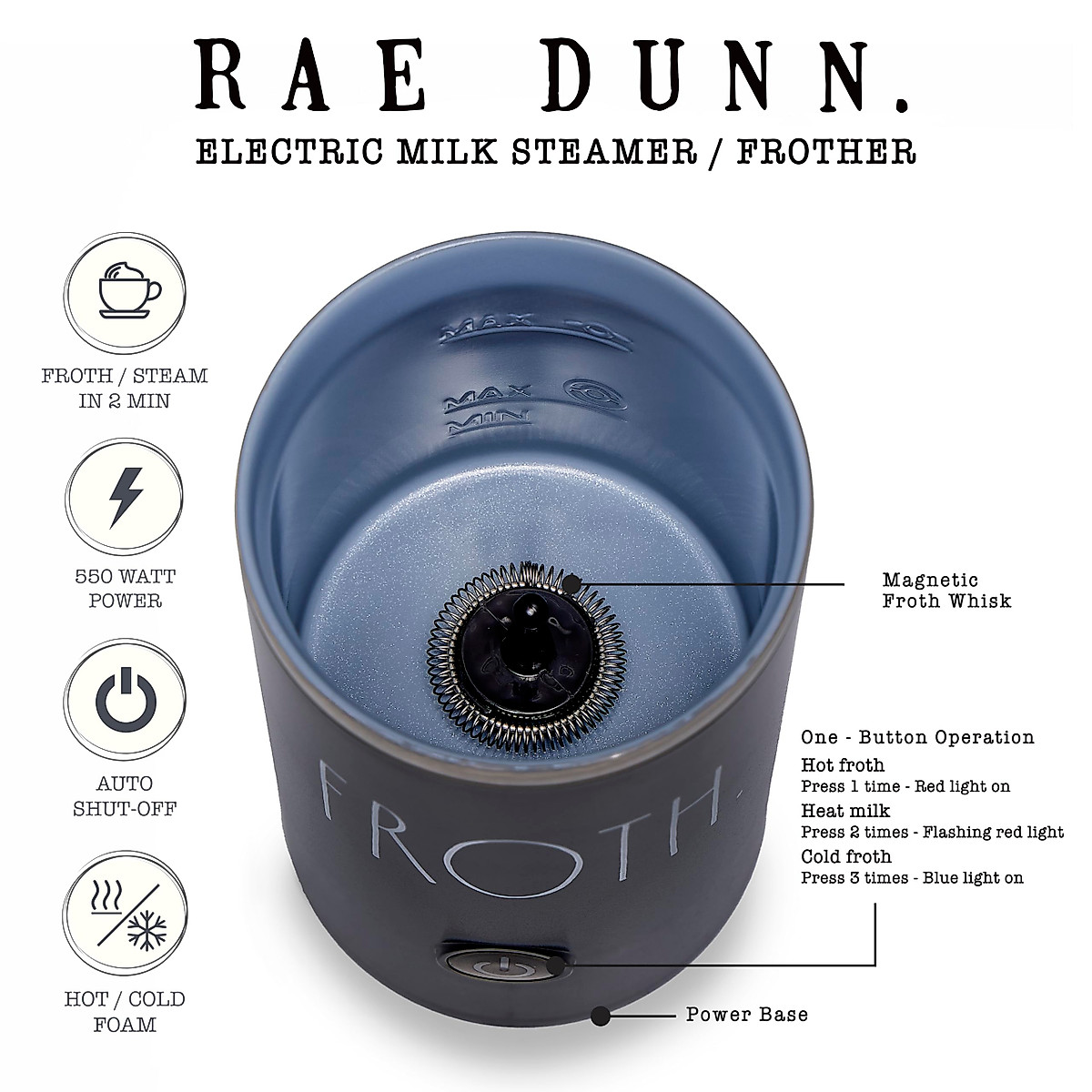 Rae Dunn Electric Milk Frother Steamer -Stylish Automatic Milk Steamer and Frother, Milk Warmer, Hot and Cold Foam Maker for Coffee, Latte, Cappuccino, Macchiato - 550 Watt (Black)