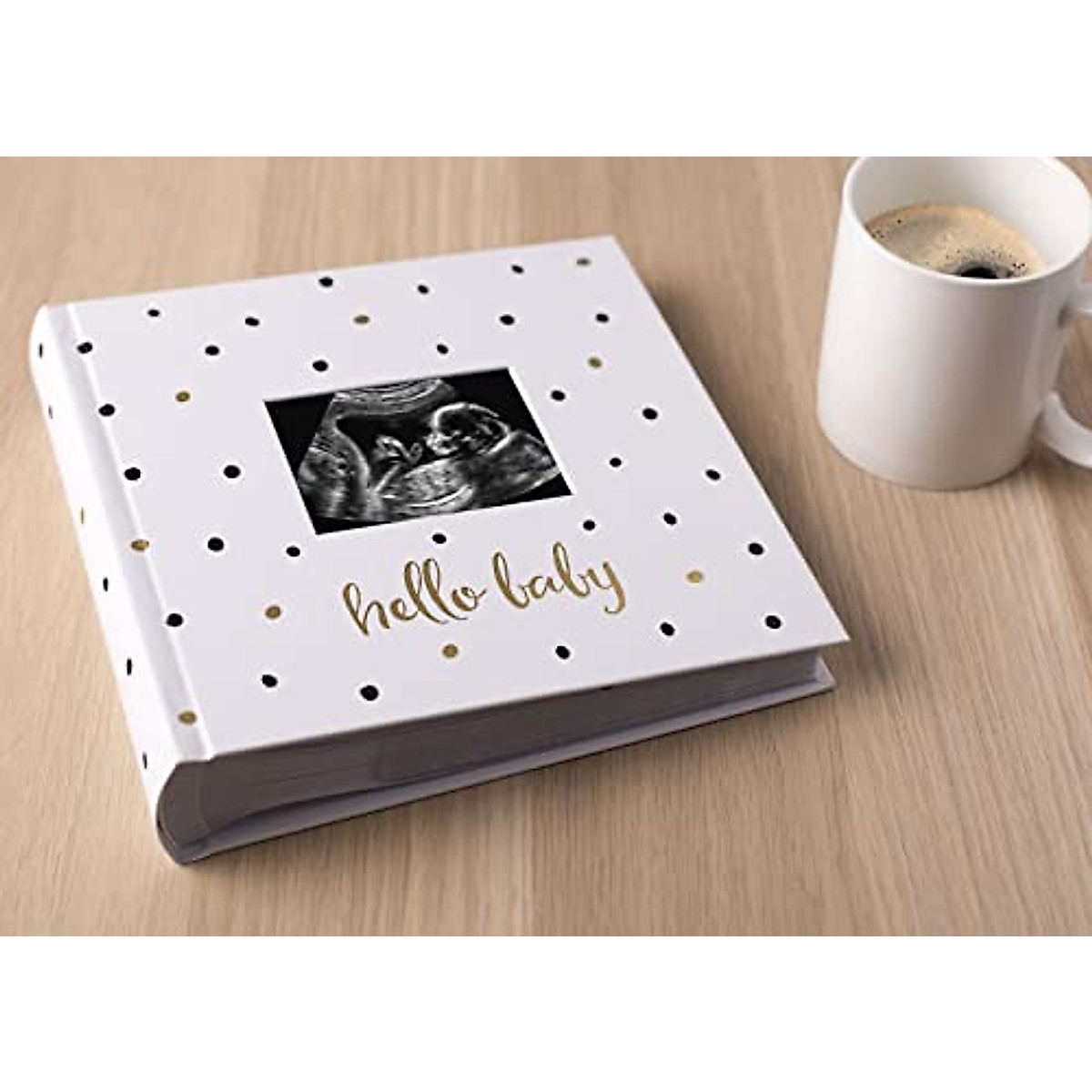 Pearhead Hello Baby Photo Album, Baby Book Keepsake for New and Expecting Parents, Gender-Neutral Baby Accessory, Holds 200 Photos, Black and Gold Polka Dot