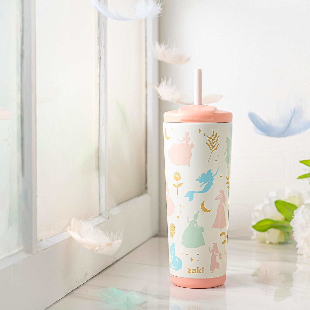 Zak Designs Disney Princess Straw Tumbler for Travel, 24oz Stainless Steel with Vacuum Insulation and Non-Skid Base (Ariel, Aurora, Belle, Cinderella, Jasmine, Moana, Rapunzel, Tiana)