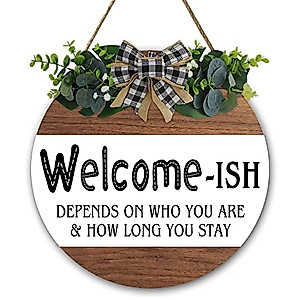 Welcome Sign for Front Door, Christmas Decorations, Home Decor, Welcome Round Wood Wreaths Wall Hanging for Front Door Decor Farmhouse Christmas Decor 12 inch (White)