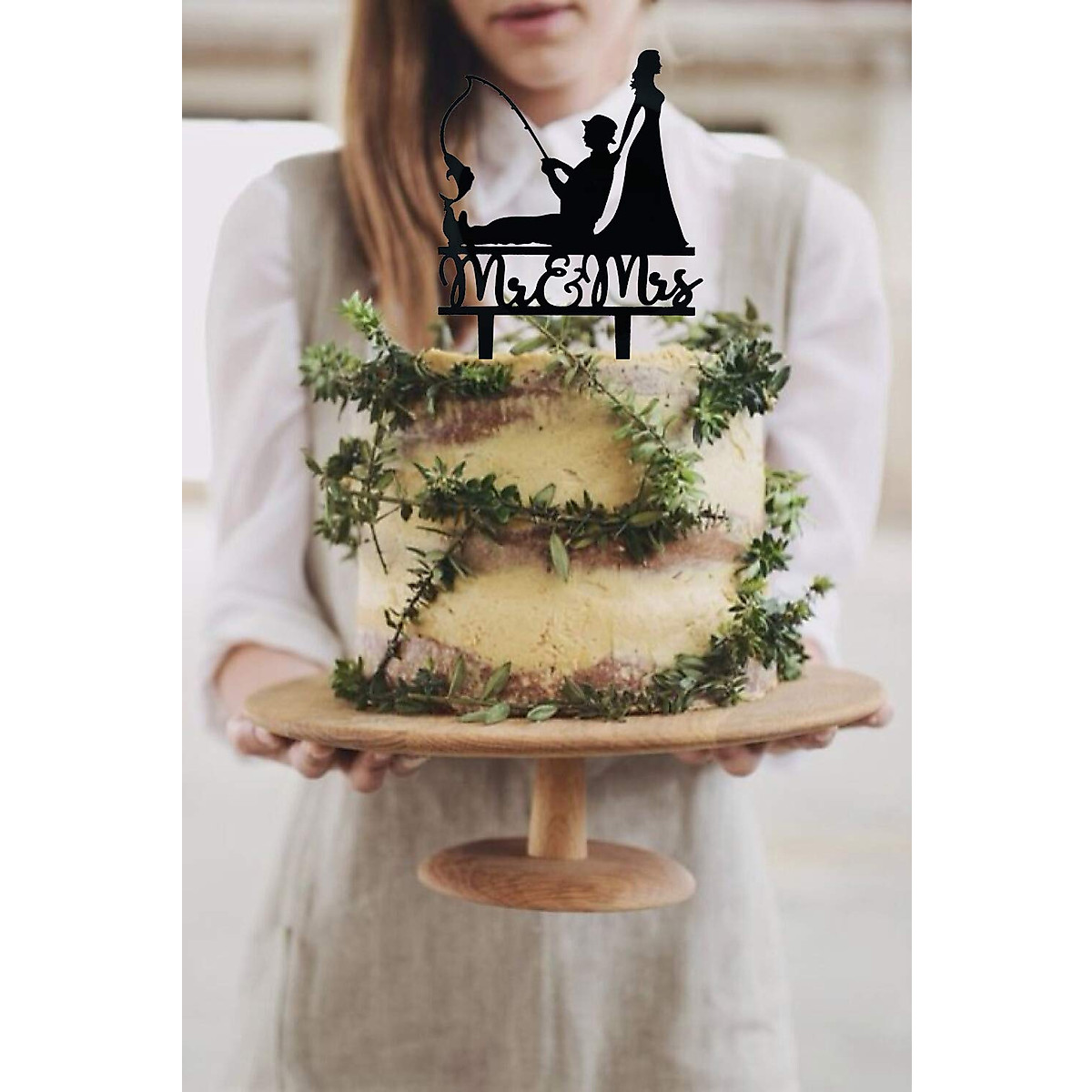 YzYbuaego Black Fishing Wedding Cake Topper, Mr & Mrs Wedding Cake Topper, Fishing Theme Wedding/Engagement/Bridal Shower/Anniversary Cake Decoration