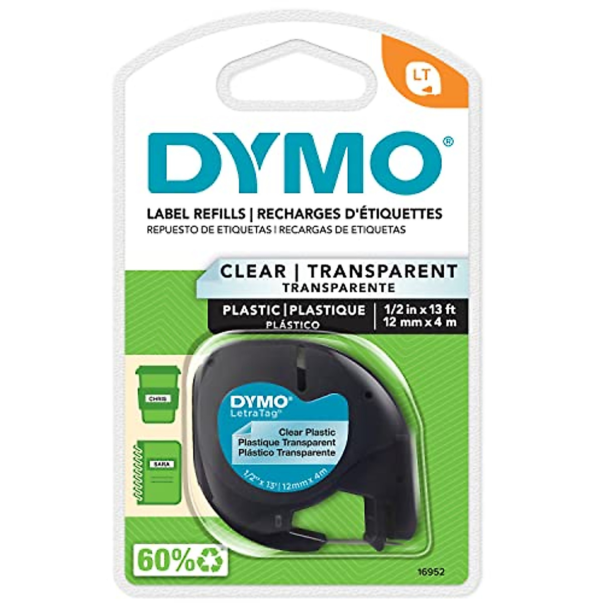 DYMO - DYM16952 Authentic LetraTag Labeling Tape for LetraTag Label Makers, Black Print on Clear pastic Tape, 1/2'' W x 13' L, 1 roll (16952)
