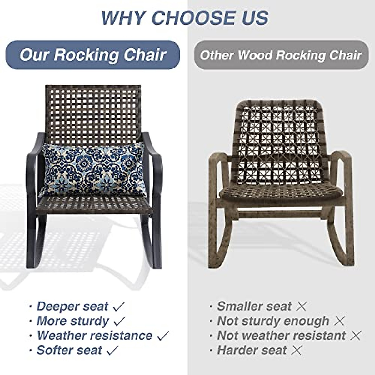 Mutaomay Outdoor Rocking Chair with Pillow Cushion, Weather Resistant Metal Steel Frame Rattan Porch Rocker Chairs, Oversized Patio Rocking Chair Furniture for Garden, Backyard 350 lbs Load Capacity