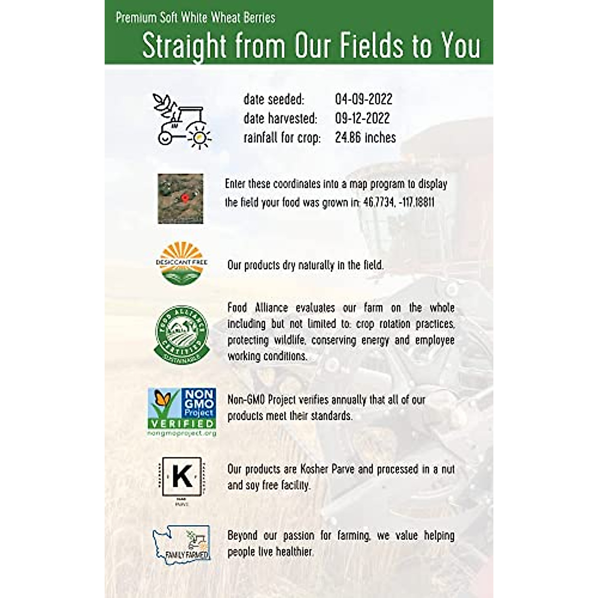 Soft White Wheat Berries | 5 LBS | Family Farmed in Washington State | 100% Desiccant Free | Non-GMO Project Verified | 100% Non-Irradiated | Kosher | Field Traced | Burlap Bag