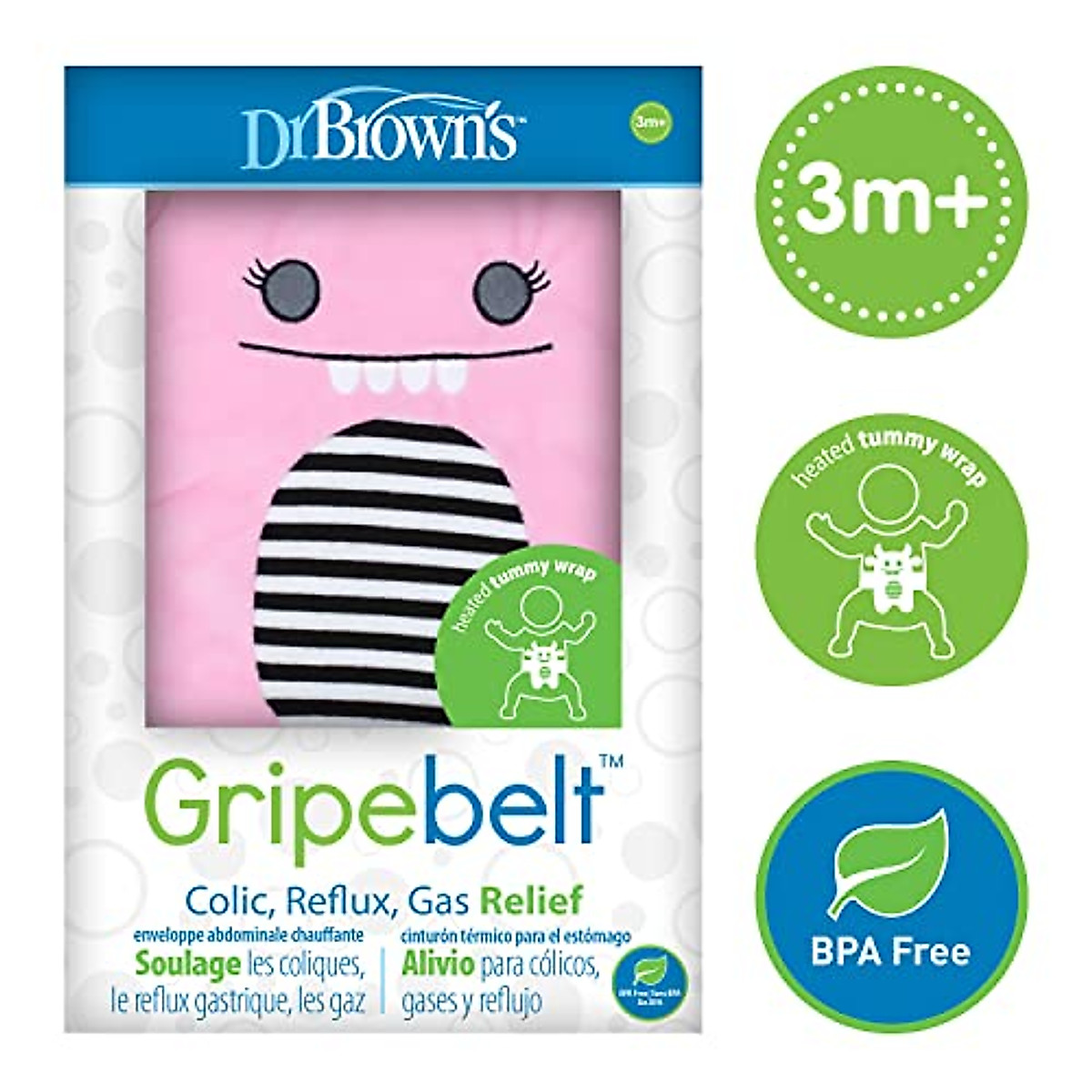 Dr. Brown’s Gripebelt for Colic Relief, Heated Tummy Wrap, Baby Swaddling Belt for Gas Relief, Natural Relief for Upset Stomach in Babies and Toddlers, Pink Monster, 3m+