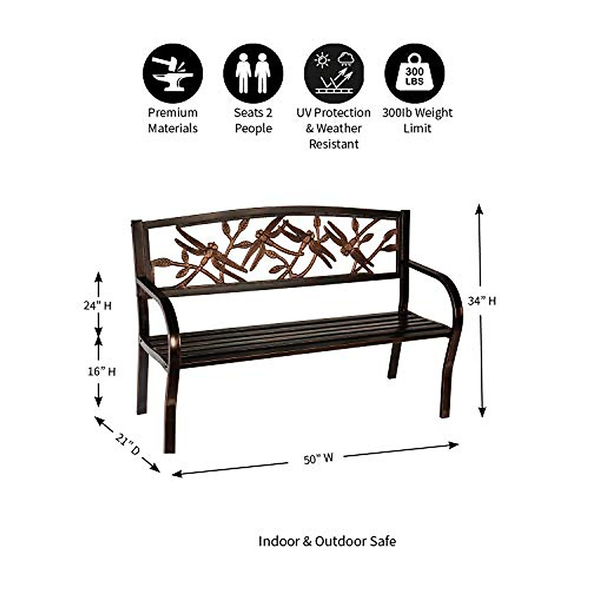 Evergreen Weatherproof Dragonfly Outdoor Bench | Holds Up to 300 lbs | Furniture for Lawn Garden Patio Porch Park Deck | Steel | Bronze