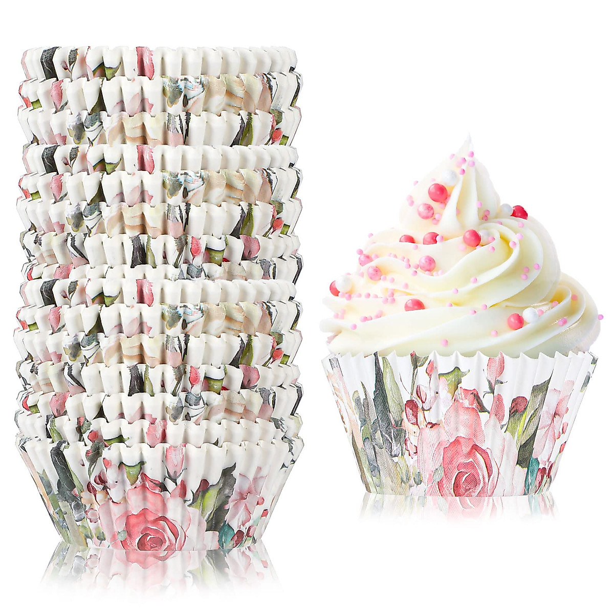 300 Counts Floral Cupcake Liners Floral Cupcake Wrappers Baking Cups Baking Liners Holders for Baby Shower Wedding Bridal Showers Birthday Party Decorations
