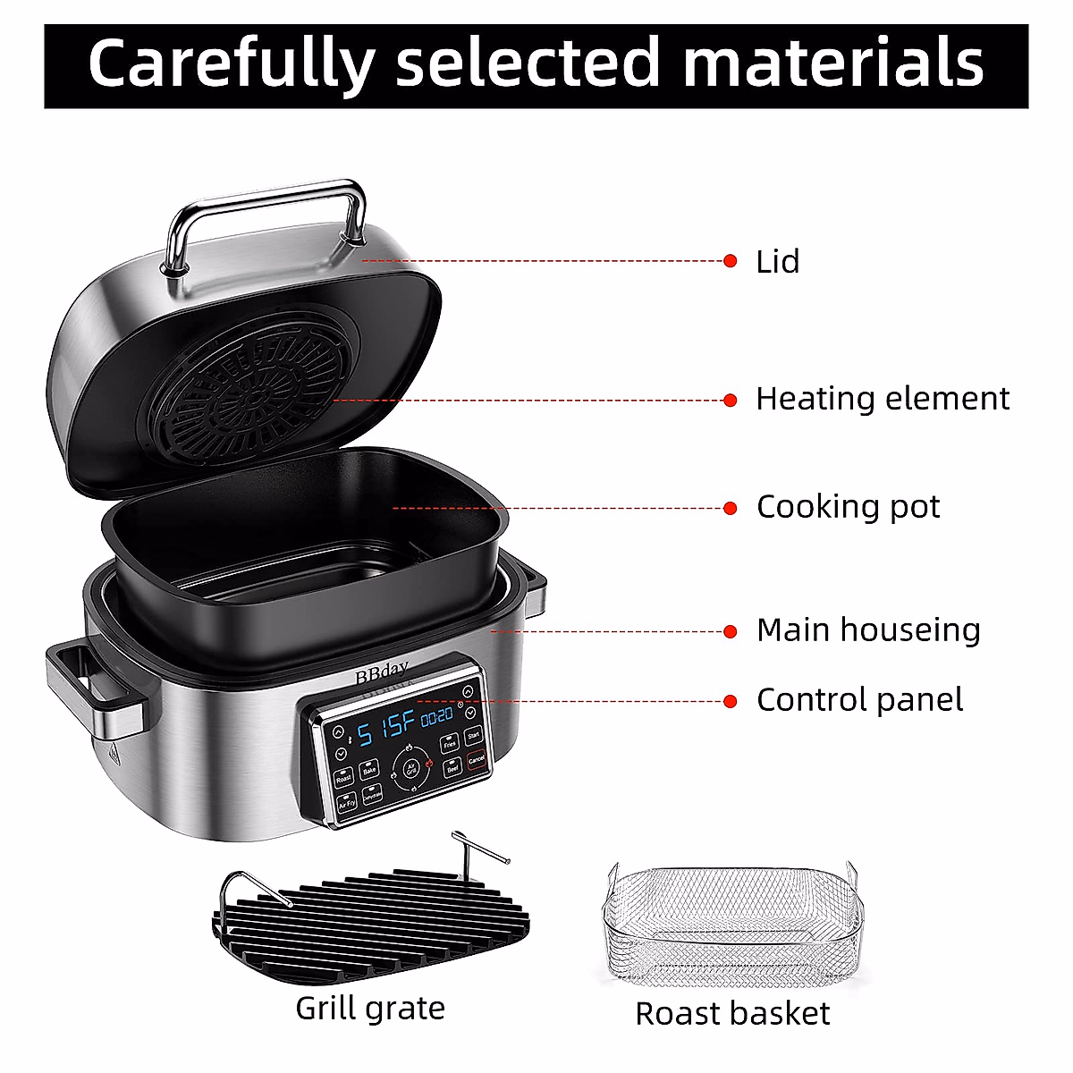 BBday 10-in-1 Electric Indoor Grill Combo, with 6.5 QT Air Fryer, Roast, Bake and Dehydrate, 1660W, Stainless Steel