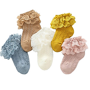 Adeimoo Princess Newborn Baby Girls Socks Lace Ruffle Frilly Ankle Dress Sock for Infants Toddler (5 Pack, 6-12 Months)